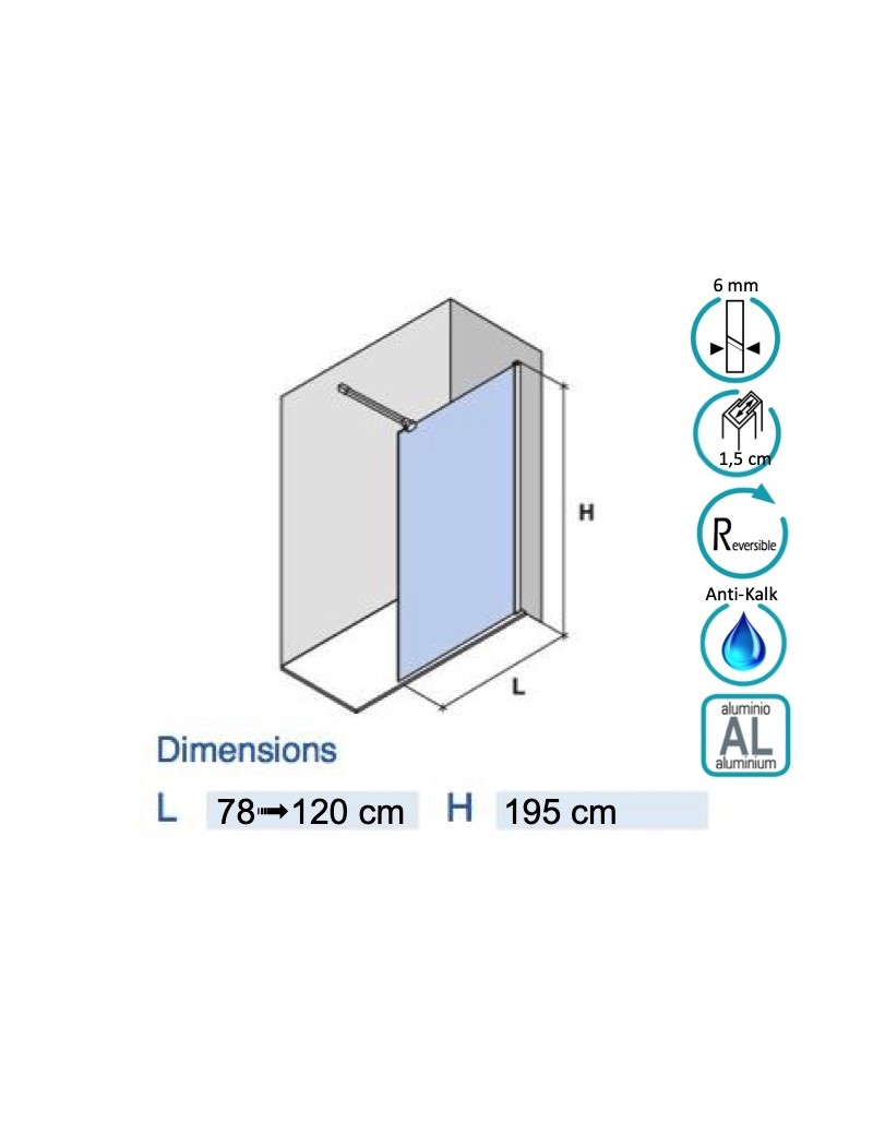 Paroi douche fixe, 80 x Hauteur 195 cm, verre sécurite, anti calcaire ...