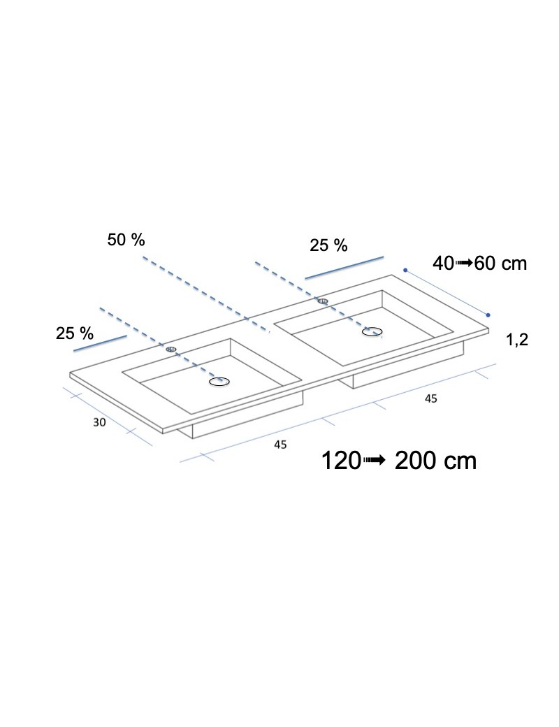 Plan double vasque, à encastré, bassin 45 cm, Solid-Surface, SQUARE 45 sans tablier